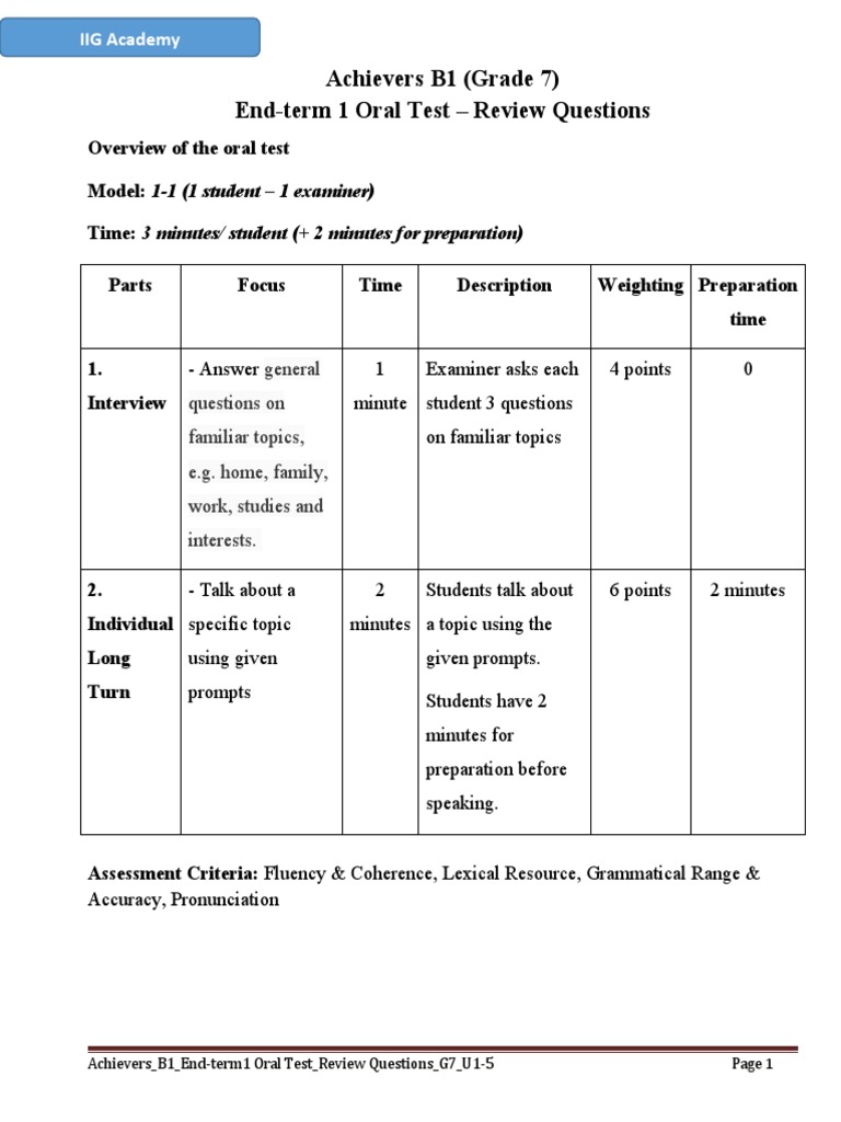 G7 - Achievers - B1 - End-Term Oral Test - Review Questions | PDF ...
