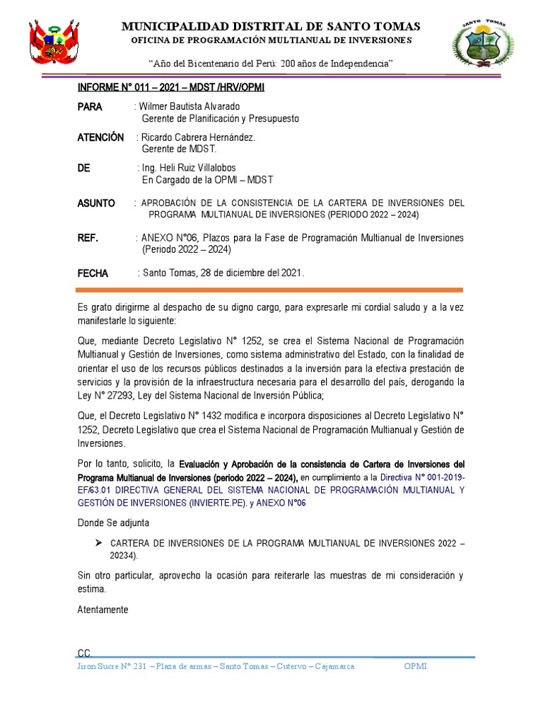 INFORME N°011 SOLICUD APROBACION Consistencia PMI 2022 - 2024 | PDF