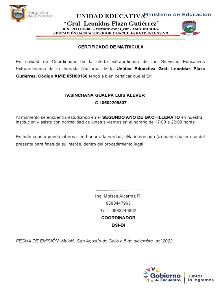 Certificado de Matricula | PDF