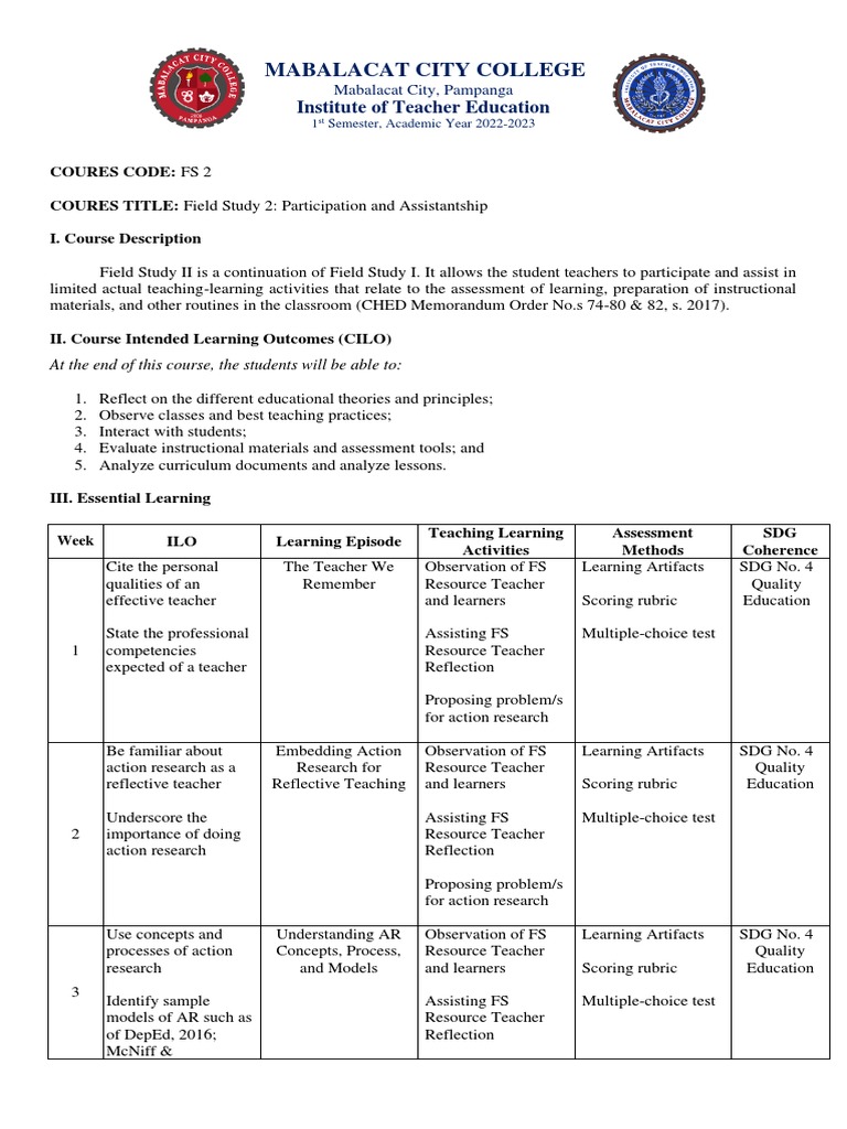 Field Study 2 Course Outline | PDF | Educational Assessment | Teaching ...
