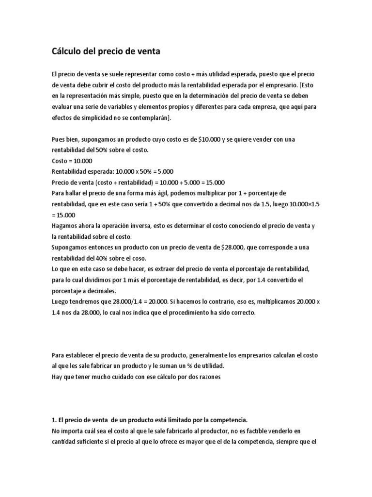 Calculo Del Precio de Venta | PDF | Precios | Mercado (economía)