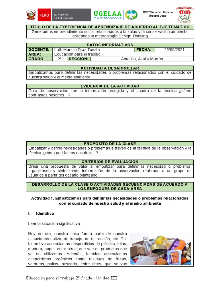 EPT 2° - Experiencia de Aprendizaje 3-Actividad 1 | PDF | Residuos | Iniciativa empresarial