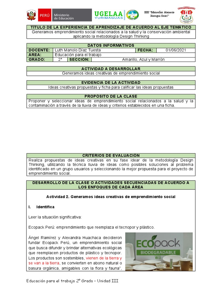 EPT 2° - Experiencia de aprendizaje 3-Actividad 2 | PDF | Iniciativa empresarial | Residuos