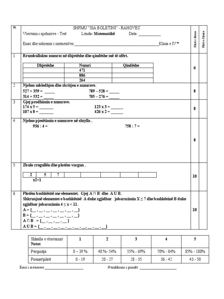 Test Vlerësues - Matematike - Klasa 4 | PDF