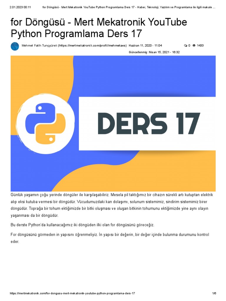For Döngüsü - Mert Mekatron K Youtube Python Programlama Ders 17 | PDF
