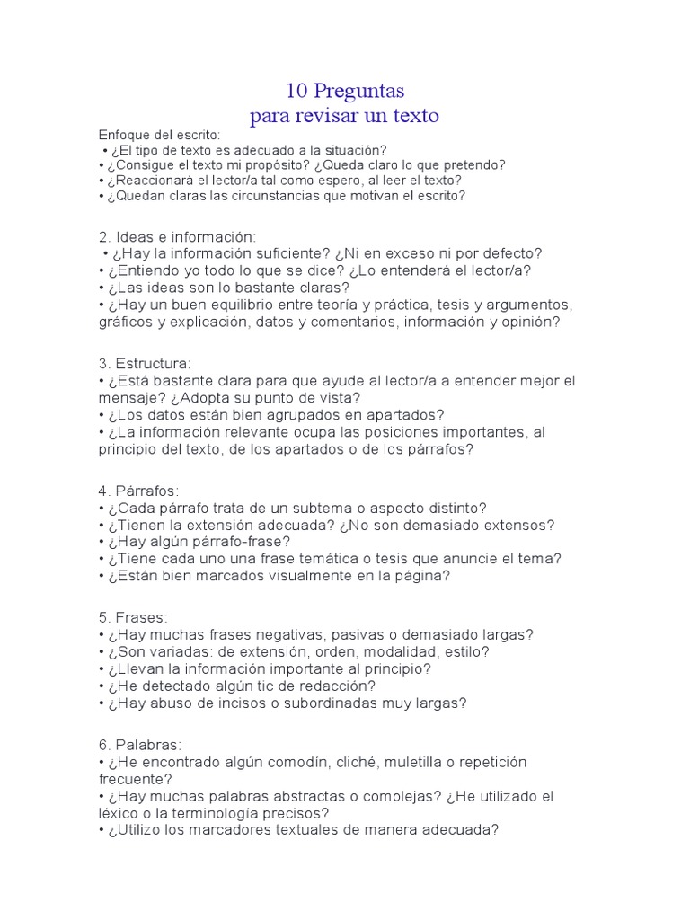 10 Preguntas para Revisar en Un Texto. | PDF | Información | Puntuación