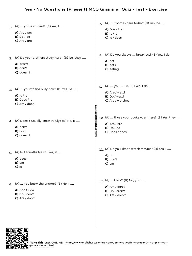 790 - Yes No Questions Present MCQ Grammar Quiz Test Exercise | PDF ...