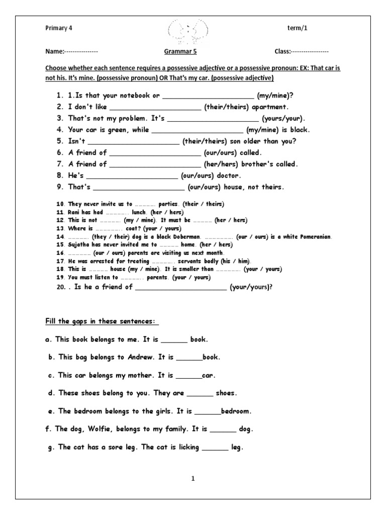 Possessive Adjectives and Pronouns Exercises | PDF | Morphology | Syntax