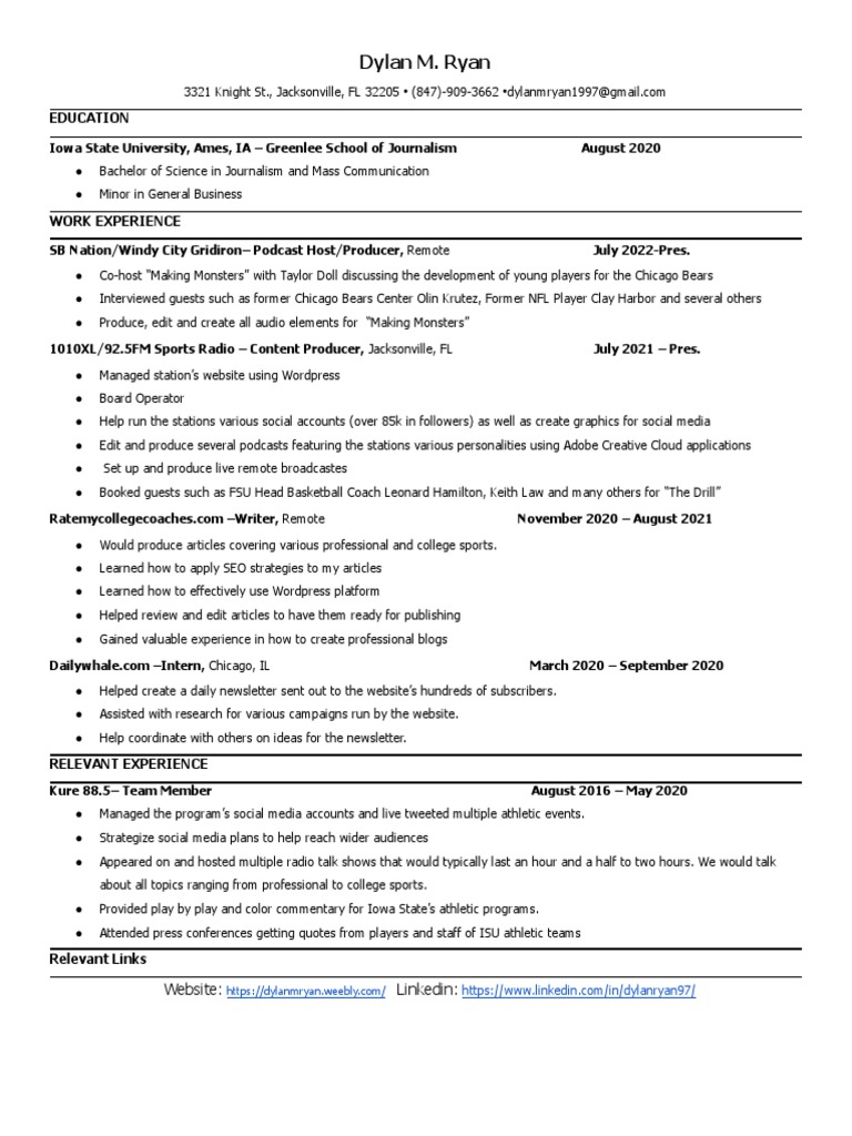 Dylan Ryan - Winter 23 Resume 1 | PDF | Social Media | Popular Culture & Media Studies