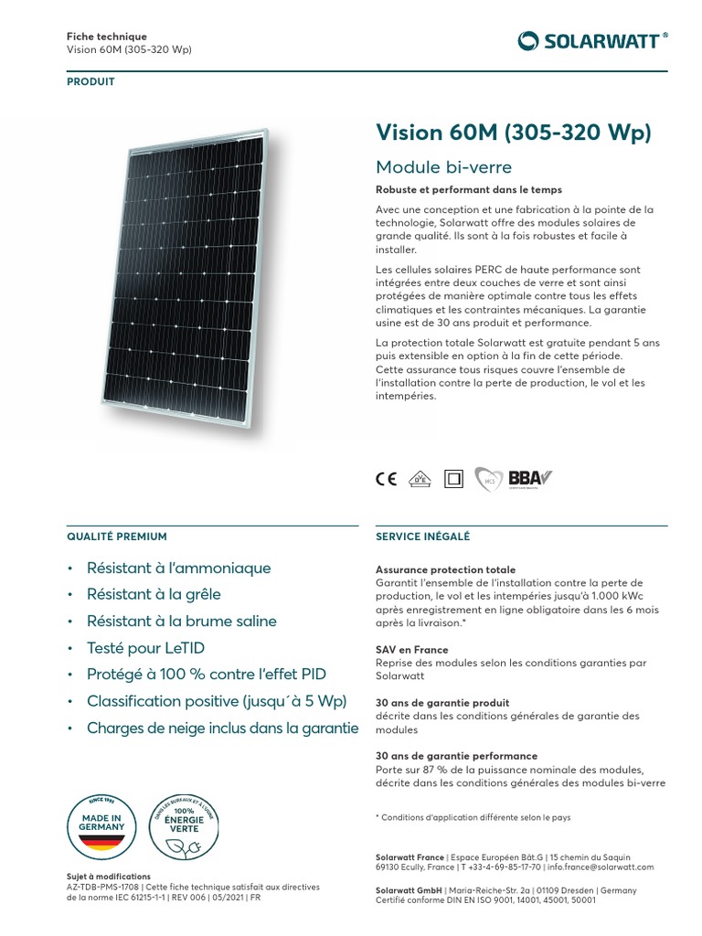 Fiche technique Solarwatt Vision 60M | PDF | Électrotechnique ...