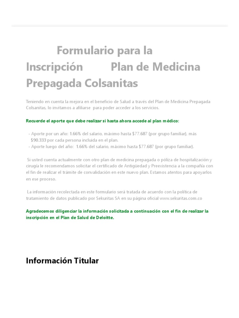 Formulario para la Inscripción Plan de Medicina Prepagada Colsanitas | PDF