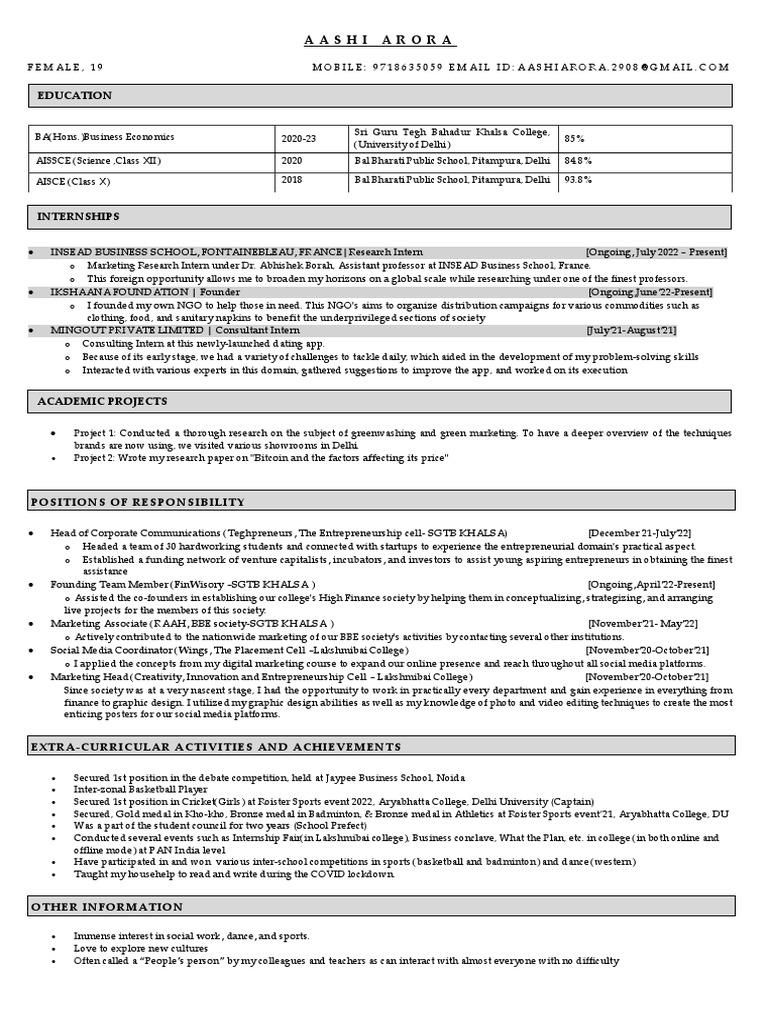 Aashi Arora - CV | PDF | Entrepreneurship | Business