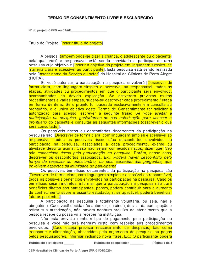 Modelo de TCLE para Responsáveis | PDF | Consentimento Livre e Esclarecido