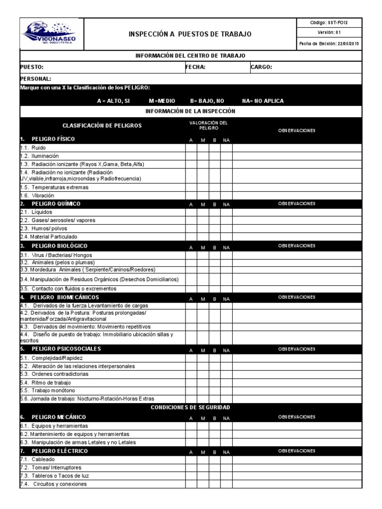 Sst-Fo12 Formato Inspecciones Puesto de Trabajo | PDF | Saneamiento ...