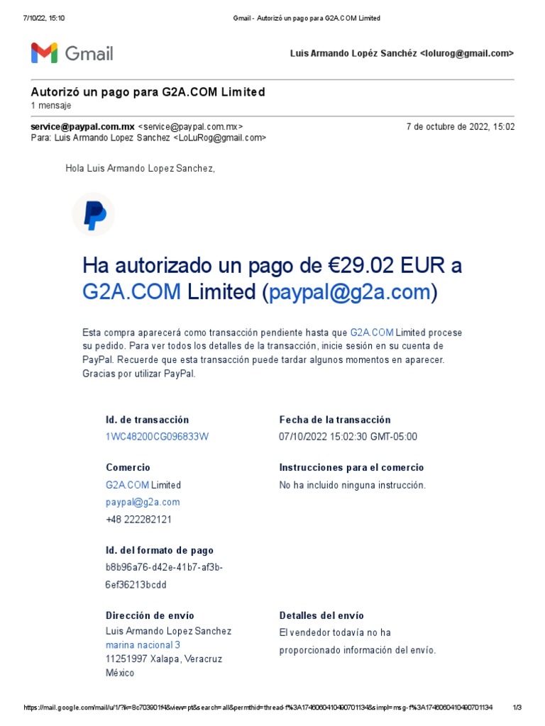 Gmail - Autorizó Un Pago para G2A.COM Limited | PDF | Pay Pal | Informática