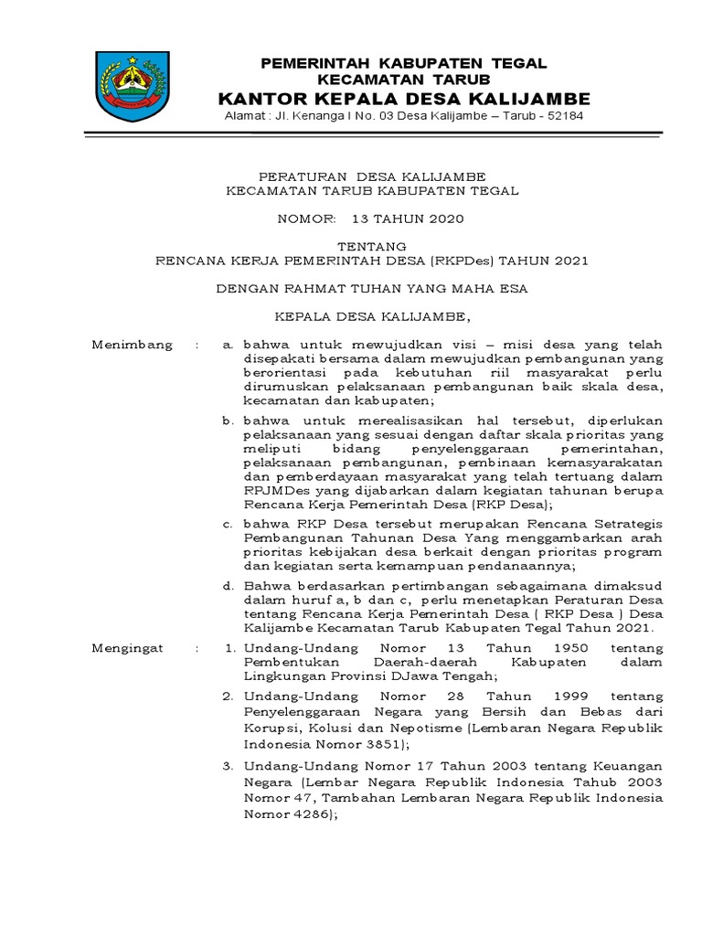 RKPDes Kalijambe 2021: Strategi Pembangunan | PDF