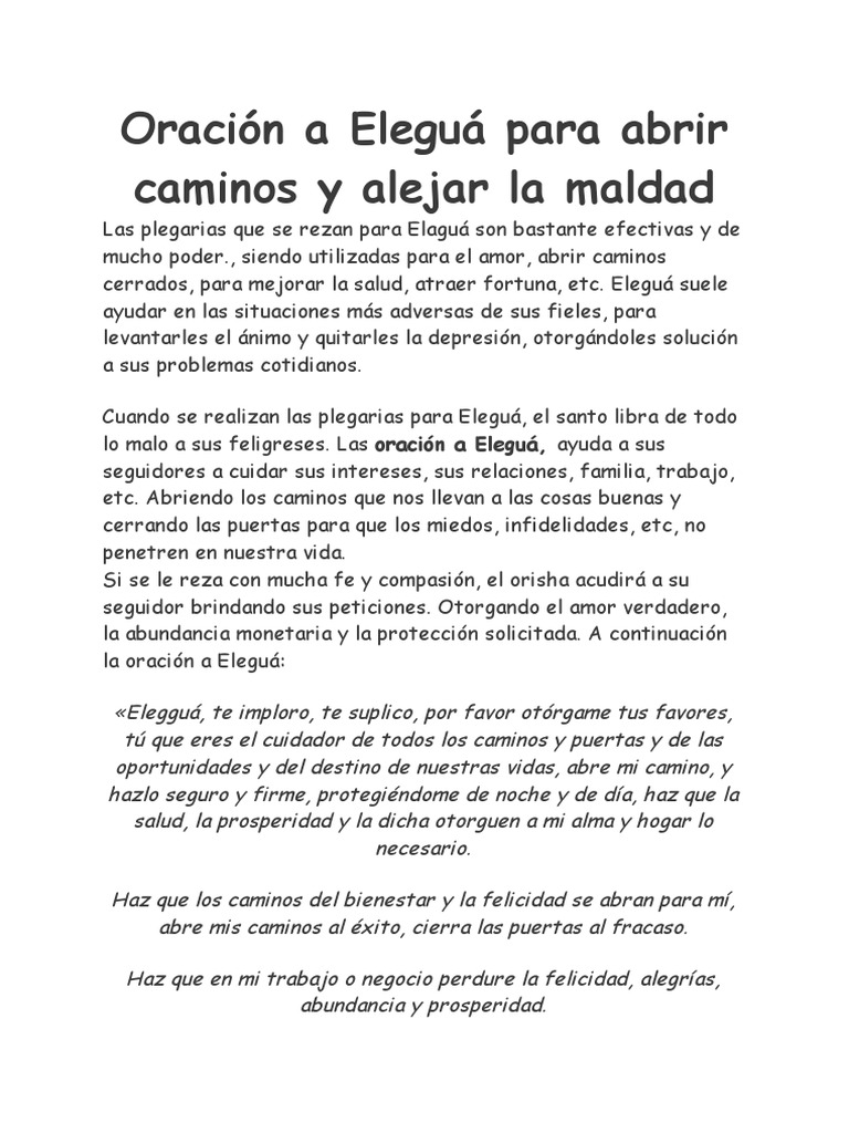 Oración a Eleguá para abrir caminos, alejar la maldad y conseguir bendiciones | PDF