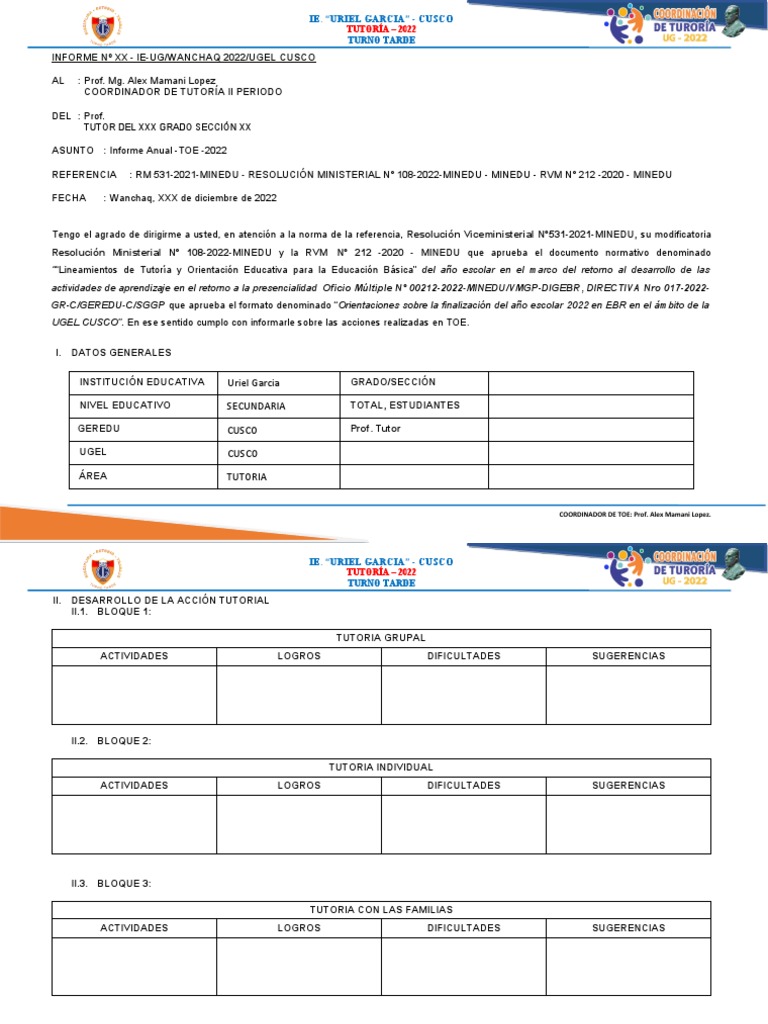 Informe Anual Tutoria 2022 | PDF | Maestros | Modificación de comportamiento
