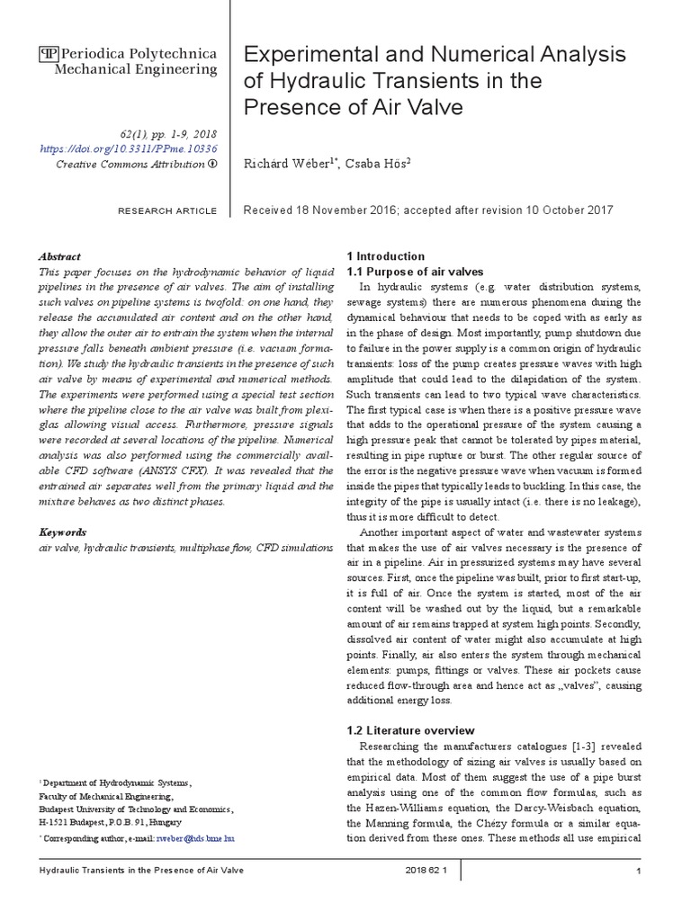 Experimental And Numerical Analysis Of Hydraulic Transients In The
