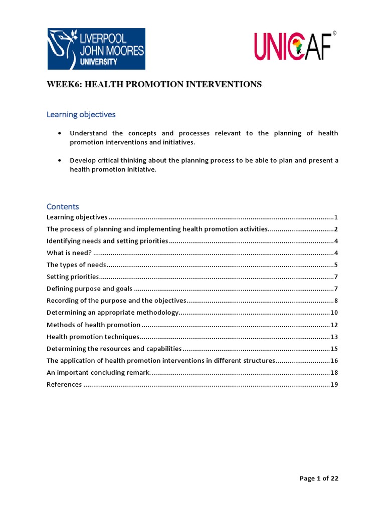 Health Promotion Intervention Planning | PDF | Preventive Healthcare ...