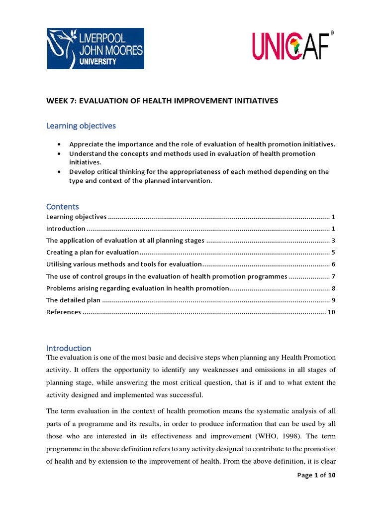 Week 7 Evaluation of Health Improvement Initiatives | PDF | Evaluation | Qualitative Research