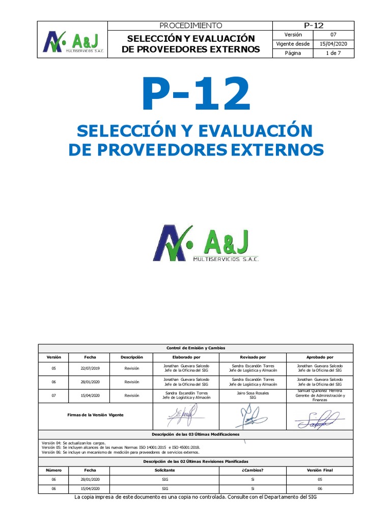 P-12 Selección y Evaluación de Proveedores Externos v7 | PDF | Calidad ...