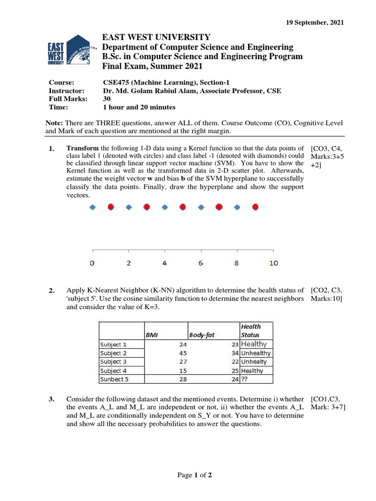 Machine Learning Final Exam 2021 | PDF
