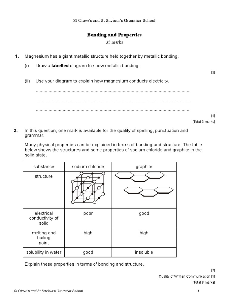 Chemistry Exam: Bonding & Properties | PDF | Chemical Substances ...