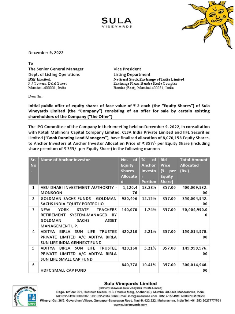 Anchor Intimation Letter - Sula Vineyards Limited | PDF | Stocks | Investing