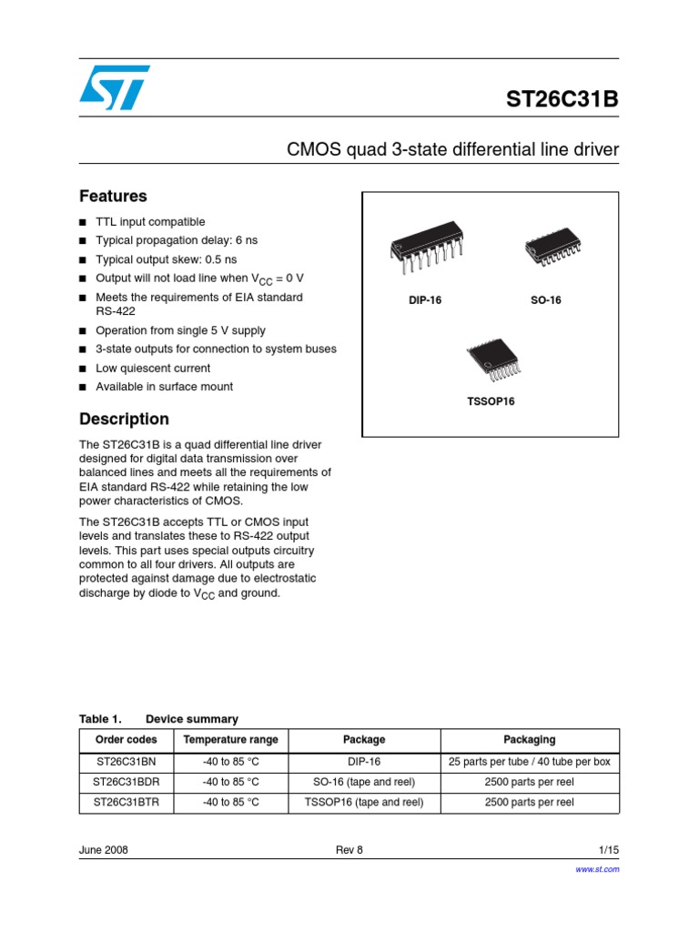ST26C31B: CMOS Quad 3-State Differential Line Driver | PDF | Cmos ...