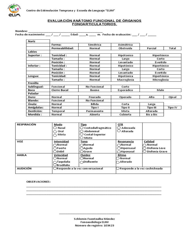 Evaluación Anátomo Funcional de Órganos Fonoarticulatorios | PDF ...