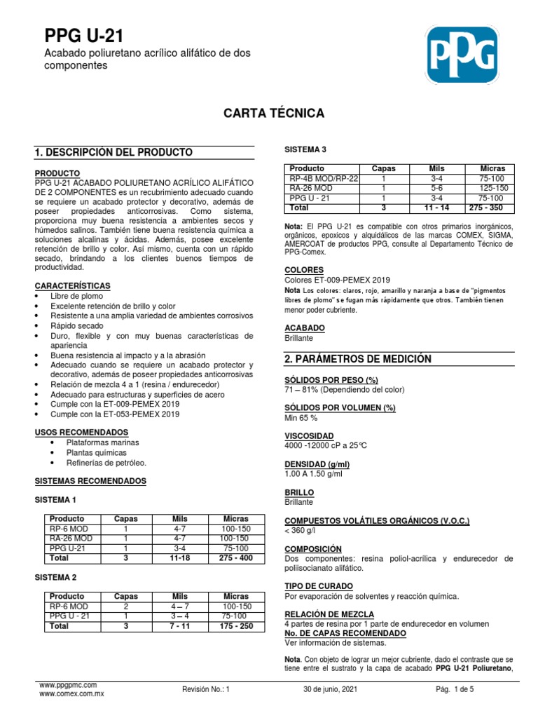 PPG U-21 acabado poliuretano acrílico de dos componentes | PDF | Agua ...