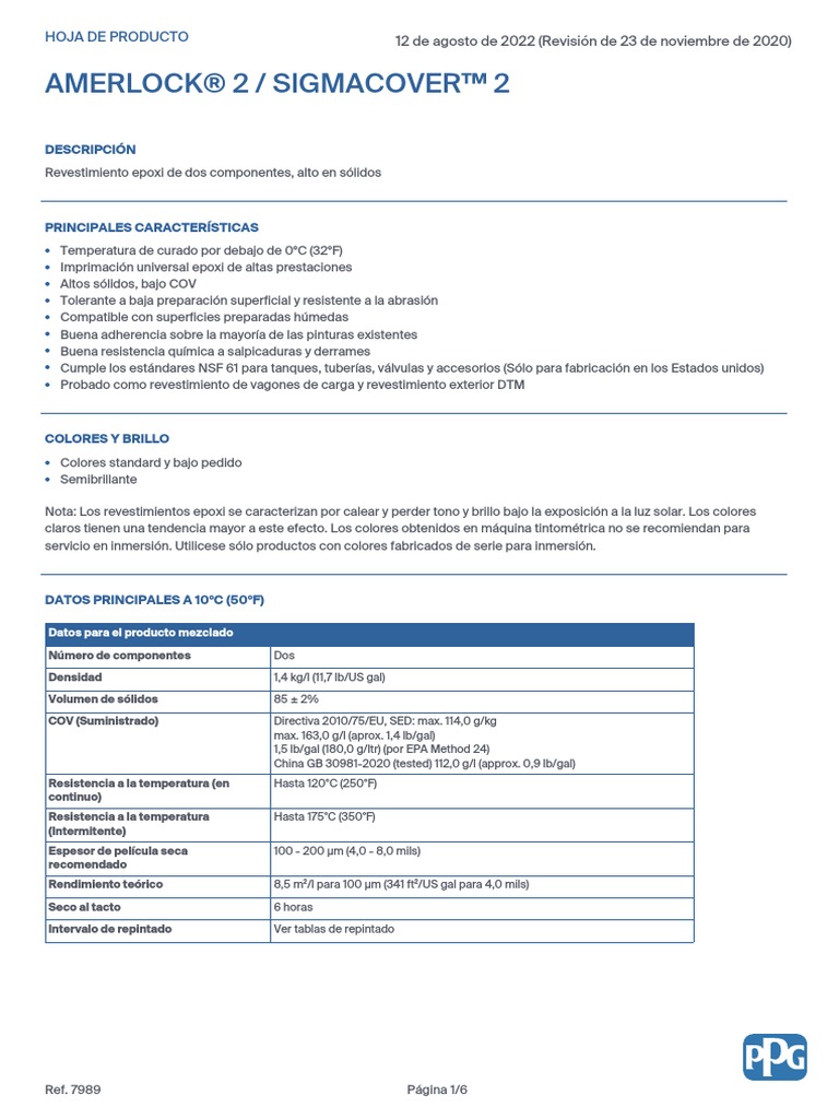 Hoja de producto Amerlock 2/Sigmacover 2 | PDF | Abrasivo | Información
