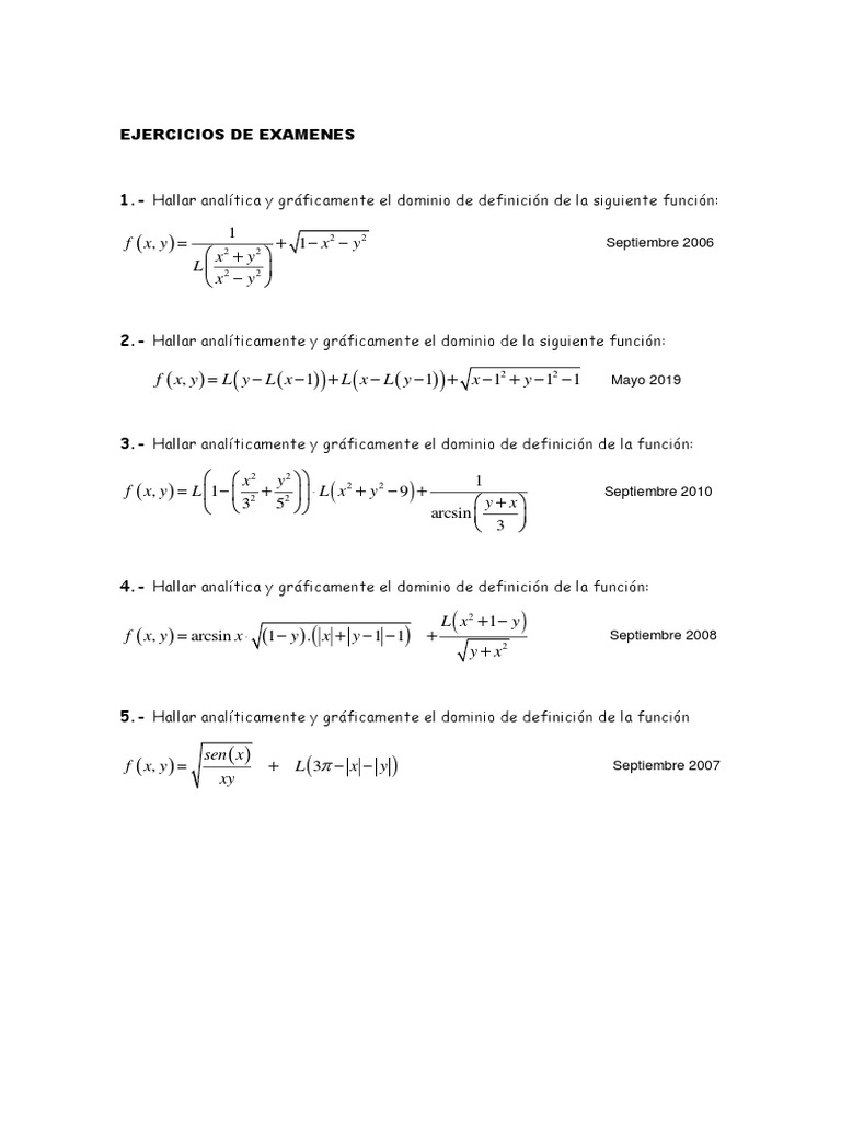 Ejercicios Dominios Funciones Dos Variables | PDF