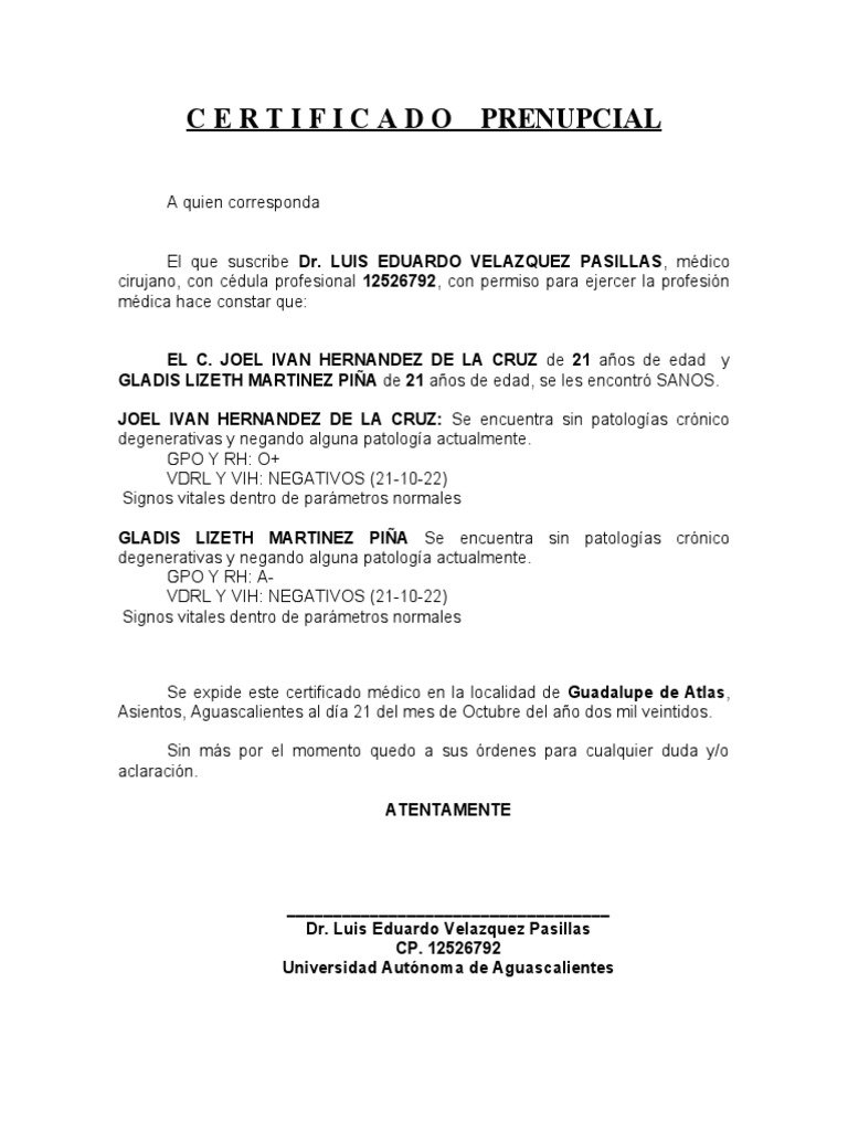 Certificado Médico PRENUPCIAL | PDF Certificado Médico PRENUPCIAL | PDF