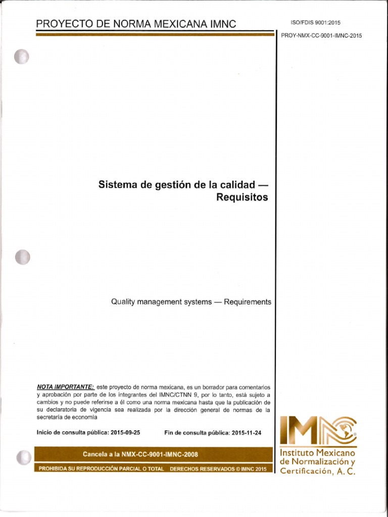 Proy Norma Nmx-Cc-9001-Imnc-2015 | PDF
