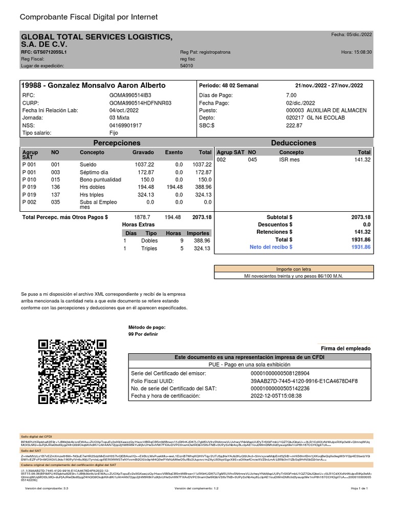 Global Total Services Logistics, S.A. DE C.V.: Comprobante Fiscal ...