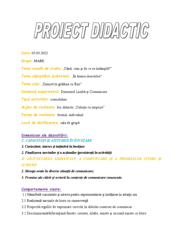 Proiect Didactic-Joc Didactic | PDF