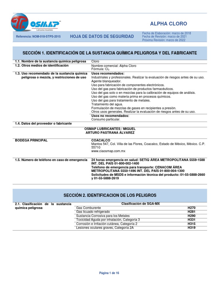 Hoja de Seguridad Alpha Cloro | PDF | Agua | Cloro