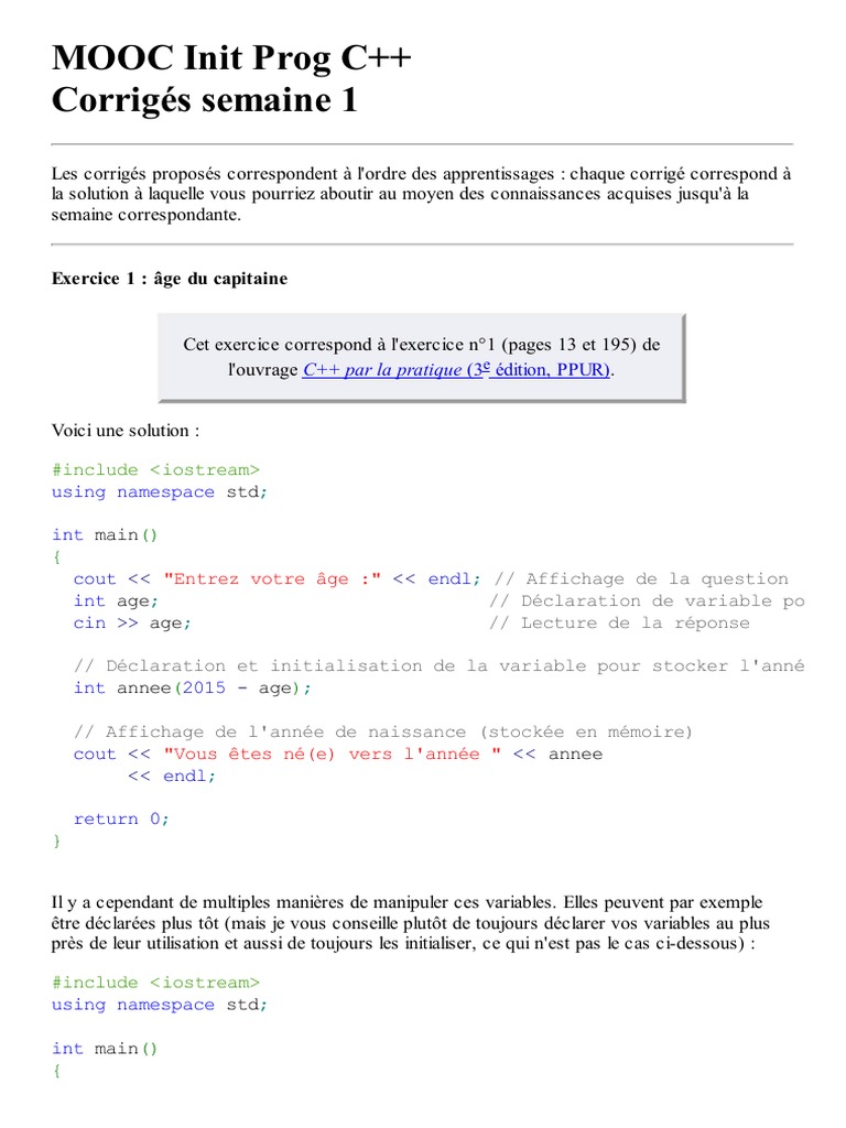 Corrigés MOOC C++ Semaine 1 | PDF | Division | Mathématiques