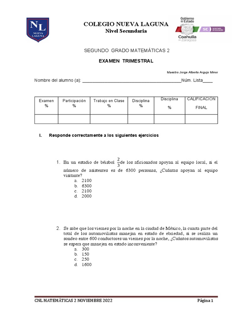 Examen Matemáticas 2do Grado Secundaria | PDF