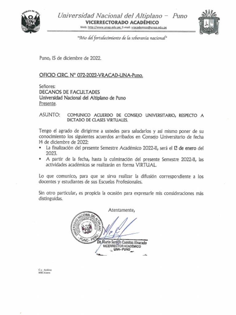 OFICIO CIRC.N°072-2022-VRACAD-UNA-Puno | PDF