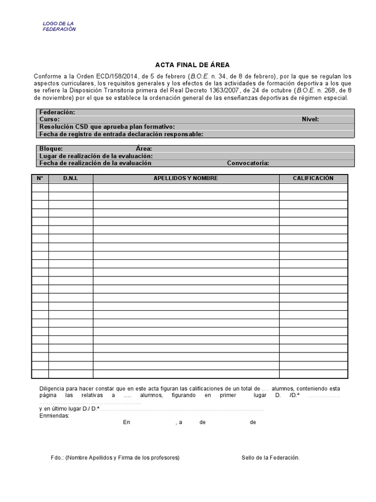 Modelo de Acta Final de Área | PDF