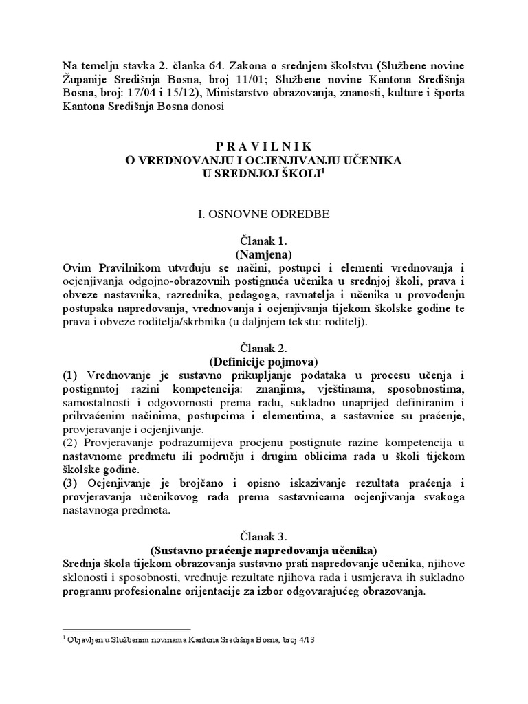 Pravilnik o Vrednovanju I Ocjenjivanju Učenika U Srednjoj Školi | PDF