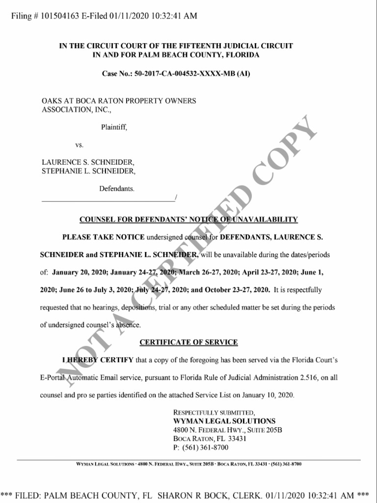 (17-004532 64) Counsel For Defendants Notice of Unavailability - Wyman ... (17-004532 64) Counsel For Defendants Notice of Unavailability - Wyman ...