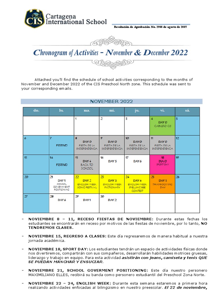 Newsletter - Chronogram of Activities - November & December 2022 Preschool | PDF