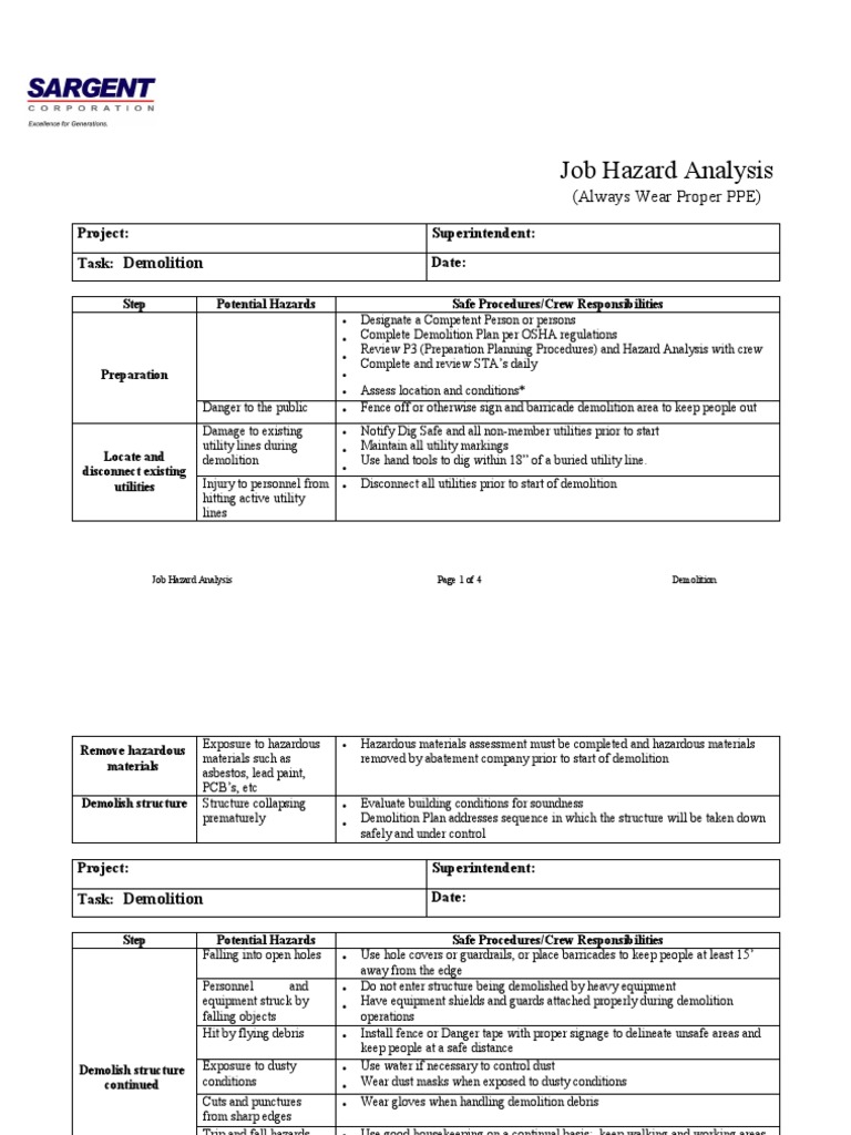 Job Hazard Analysis Demolish | PDF | Demolition | Labor Relations