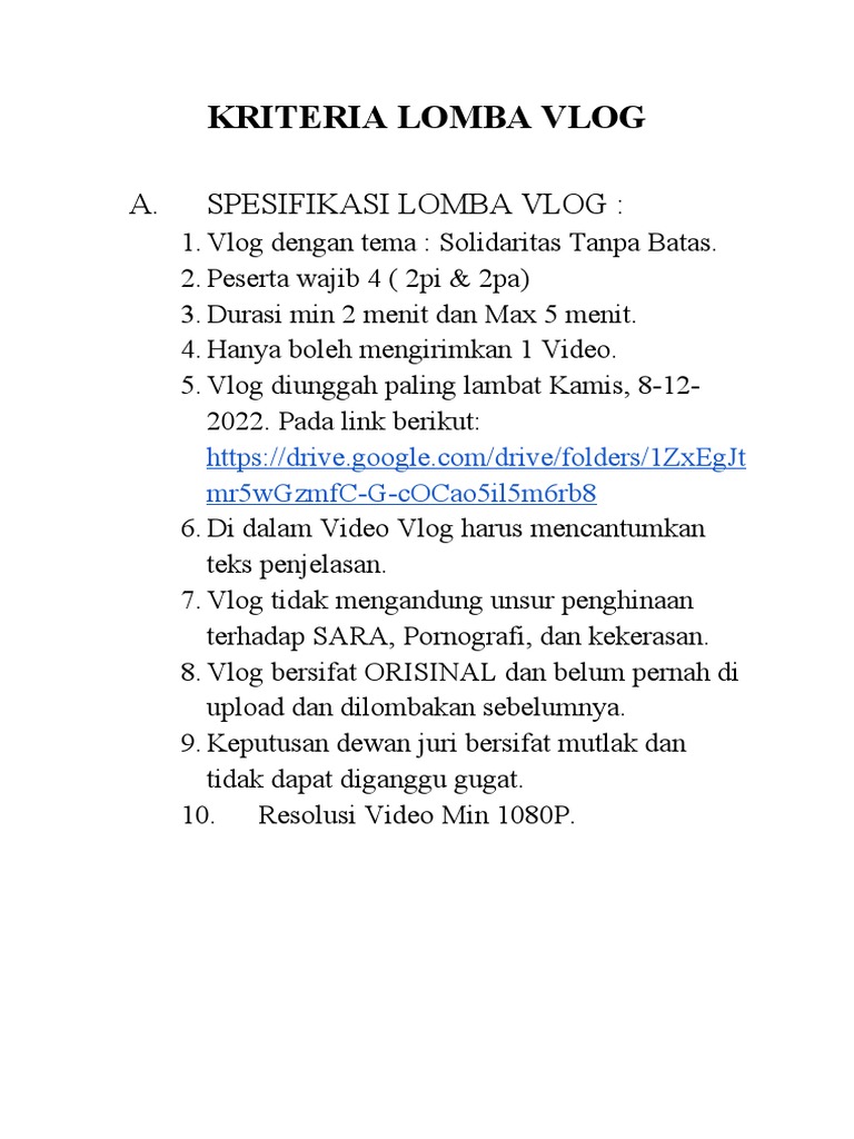 Kriteria Penilaian Lomba Vlog 2022 | PDF