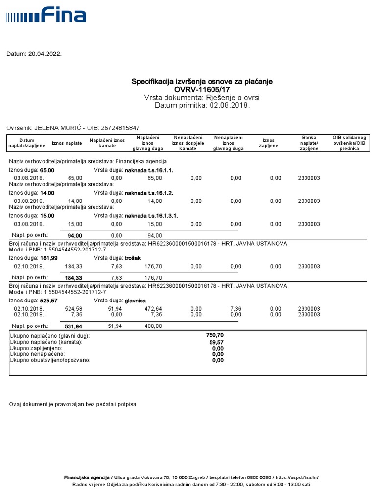 Specifikacija Naplate OVRV-11605 17 | PDF