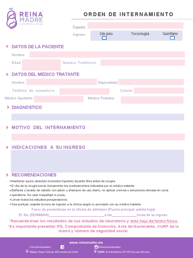 Orden de Internamiento Hospitalario IMSS | PDF